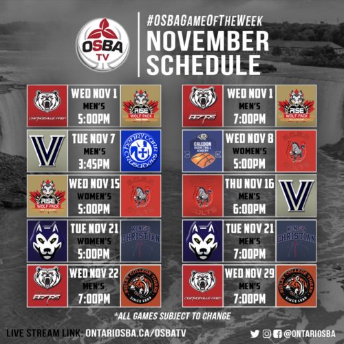 OSBA Games of the Week - November • Ontario Basketball Association