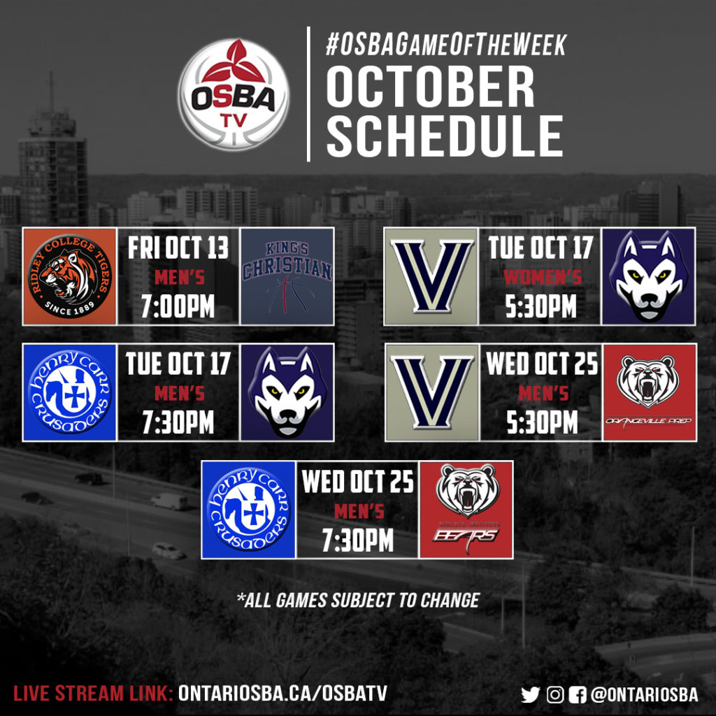 OSBA Games of the Week - October • Ontario Basketball Association